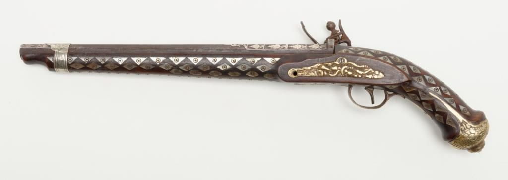 Mideast to North African flintlock pistol showing pearl inlaid stock ...