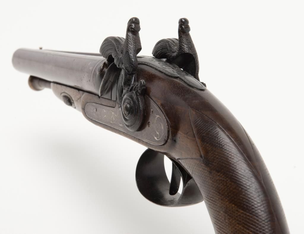 Double Barrel Spanish percussion pistol, approximately .68 caliber. The ...