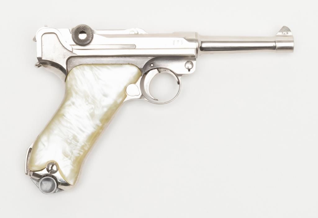 German Luger semi-auto pistol by DWM, 9mm cal., 4” barrel, re-nickeled ...