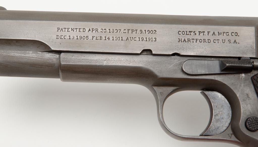 Rare Colt 1911 Russian Order semi-auto pistol, Cyrillic marking on left ...