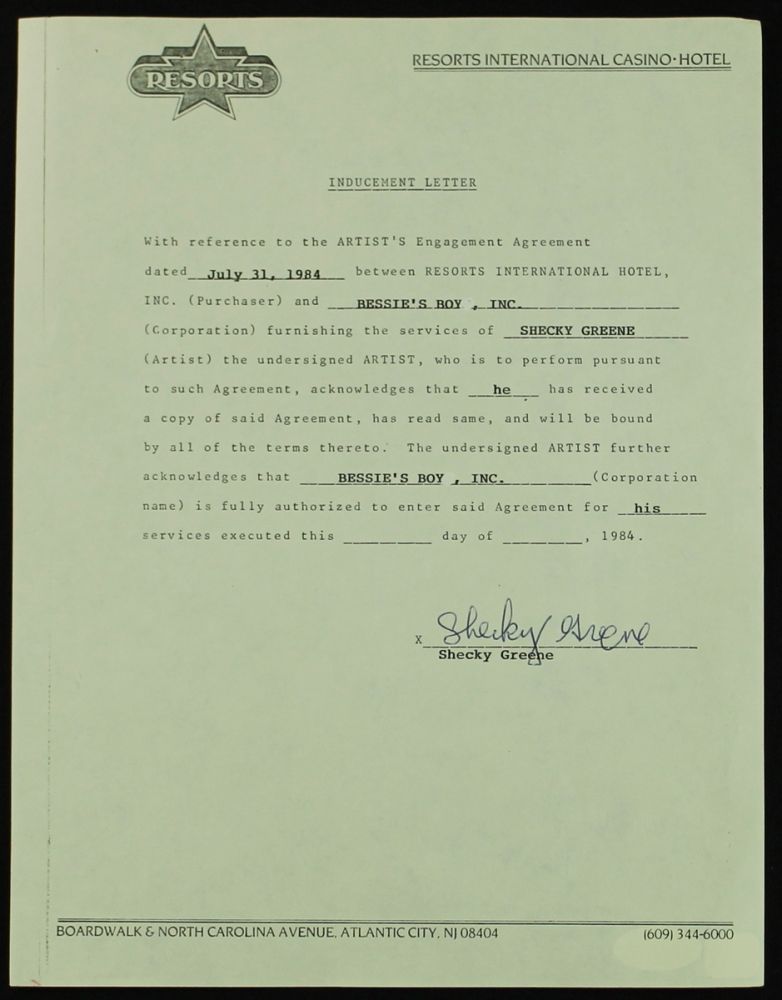 Shecky Greene Signed Inducement Letter From 1984 (JSA COA)