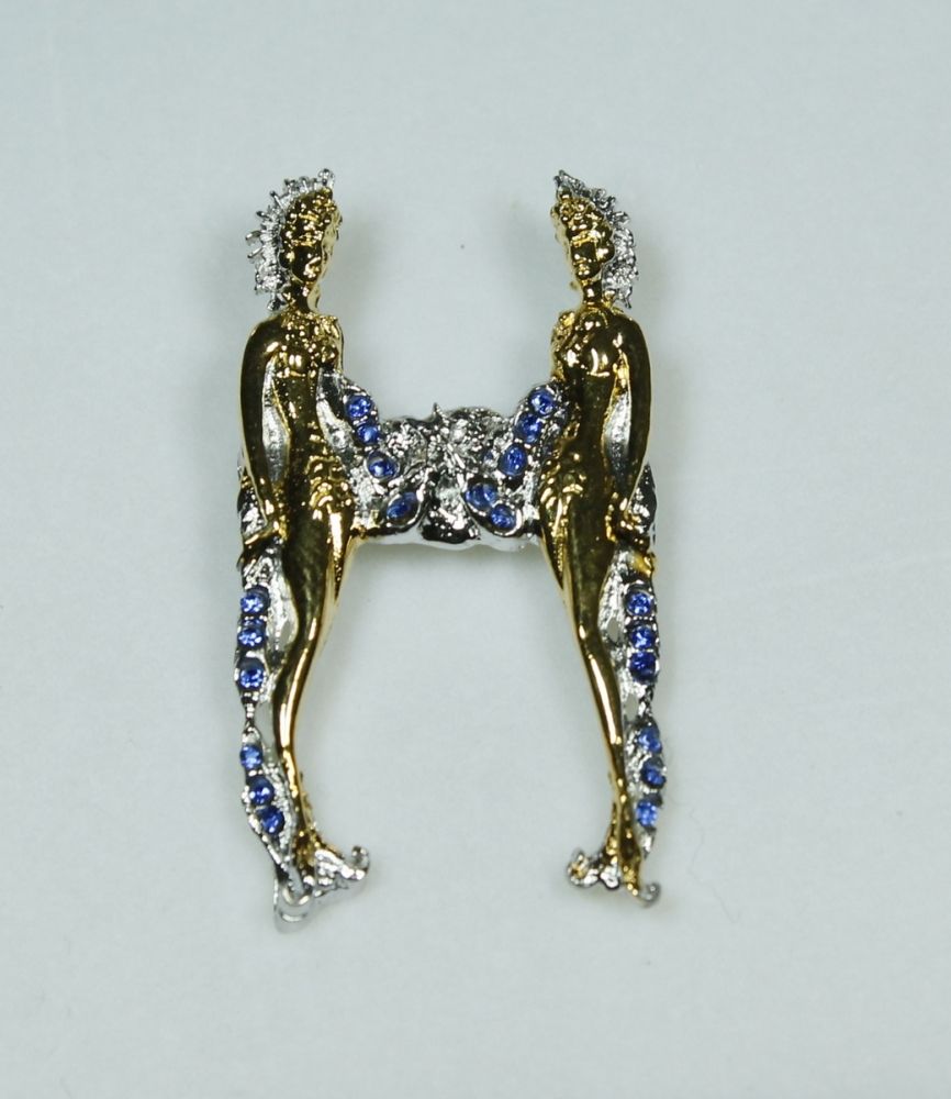 H Erte Alphabet Pin Pendant Art Deco Figural Sterling Gold in Orignal Box