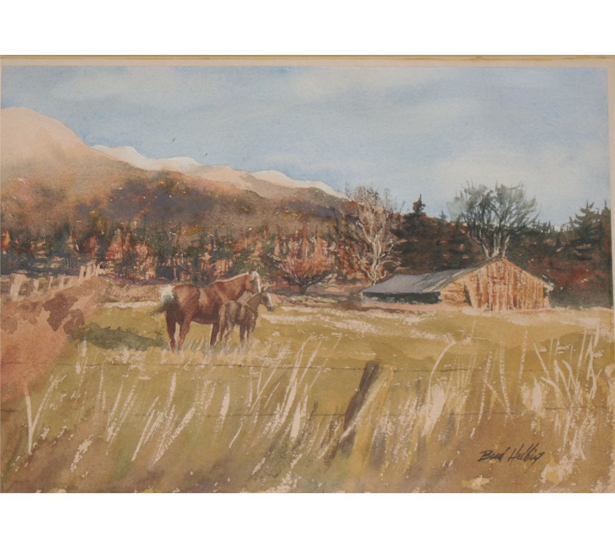 Bud Helbig, Mare and Colt, watercolor, 10” x 14”, framed, former CAA artist