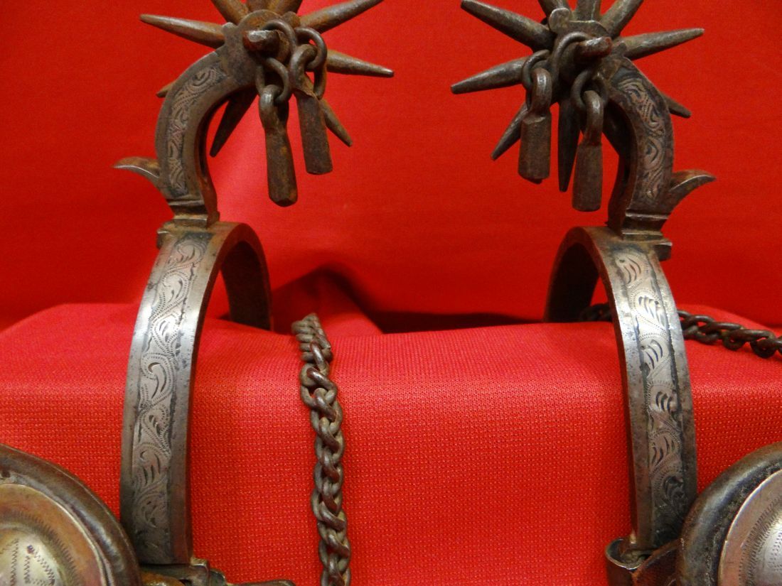 Frank Mayfield spurs, early, engraved & silver inlay, jingle bobs, w ...