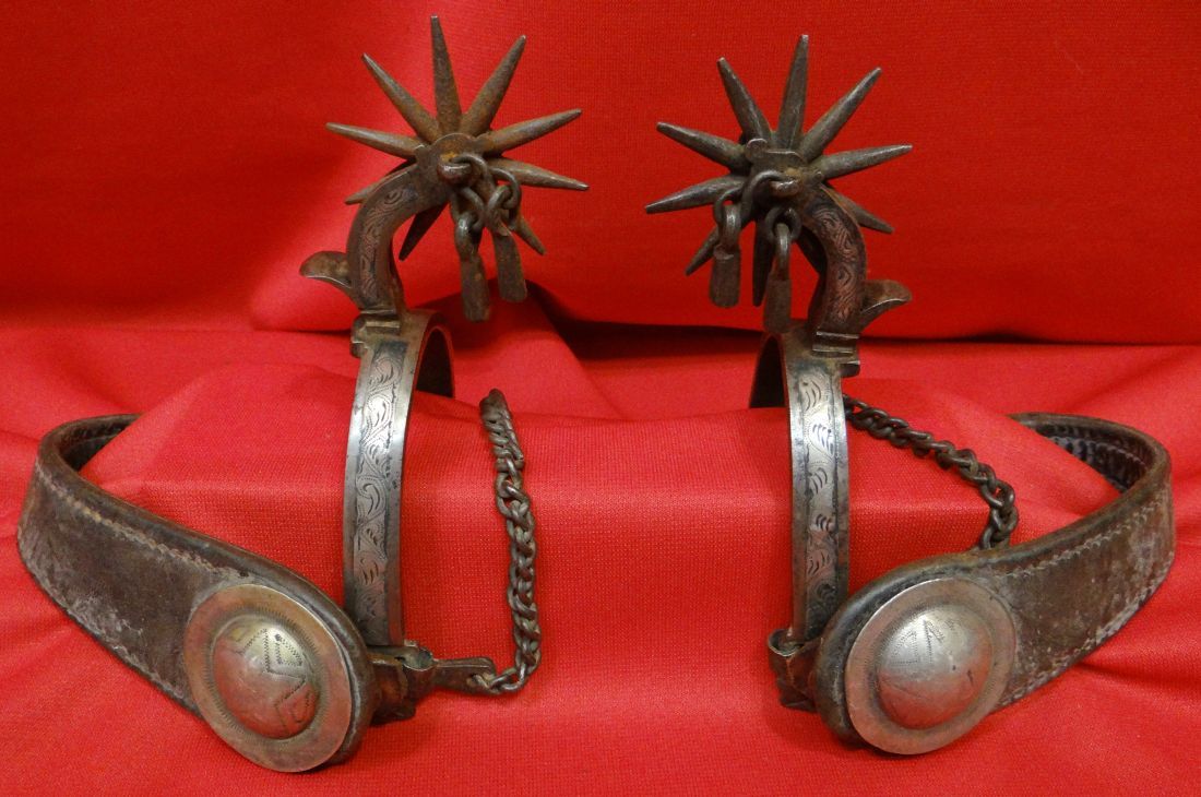 Frank Mayfield spurs, early, engraved & silver inlay, jingle bobs, w ...