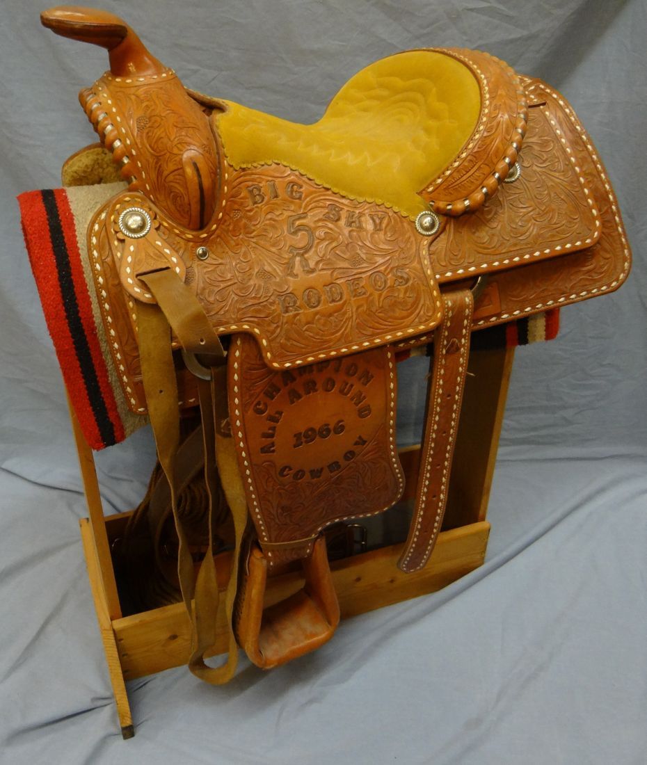 Benny Reynolds, 1966 "Champion All Around, Big Sky 5 Rodeos" saddle, 14 ...