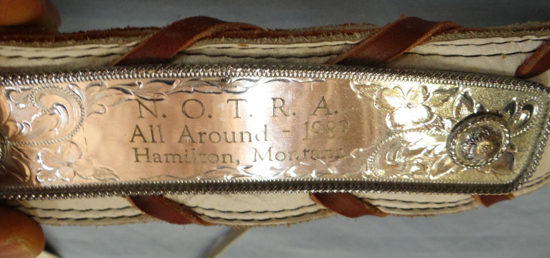 Benny Reynolds rodeo chaps, stamped: "NOTRA All Around, 1989"