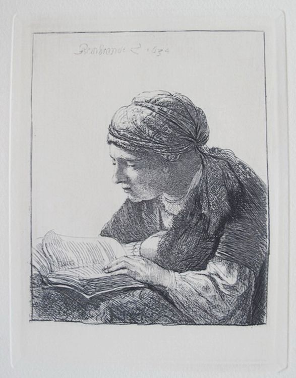 REMBRANDT WOMAN READING ETCHING