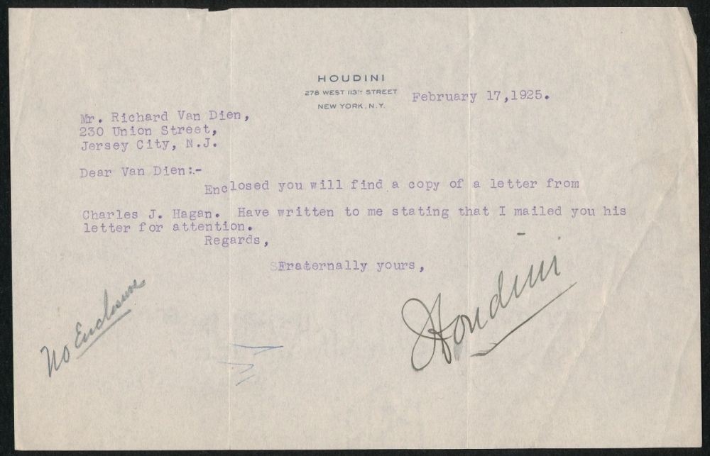 Harry Houdini Signed Vintage 1925 Typed Letter including 5x10 Photo ...