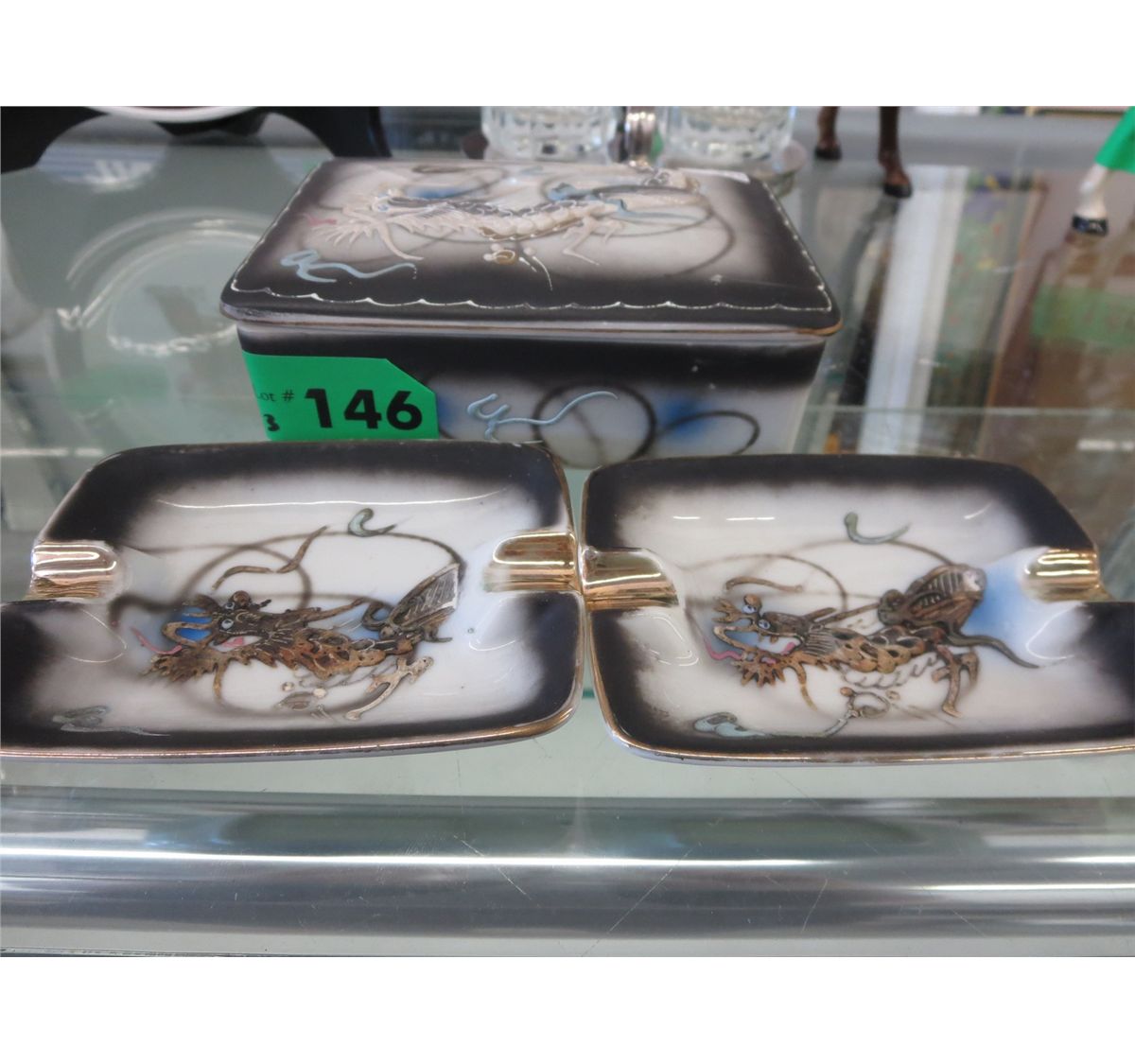 Vintage Japanese ceramic cigarette box and ashtray