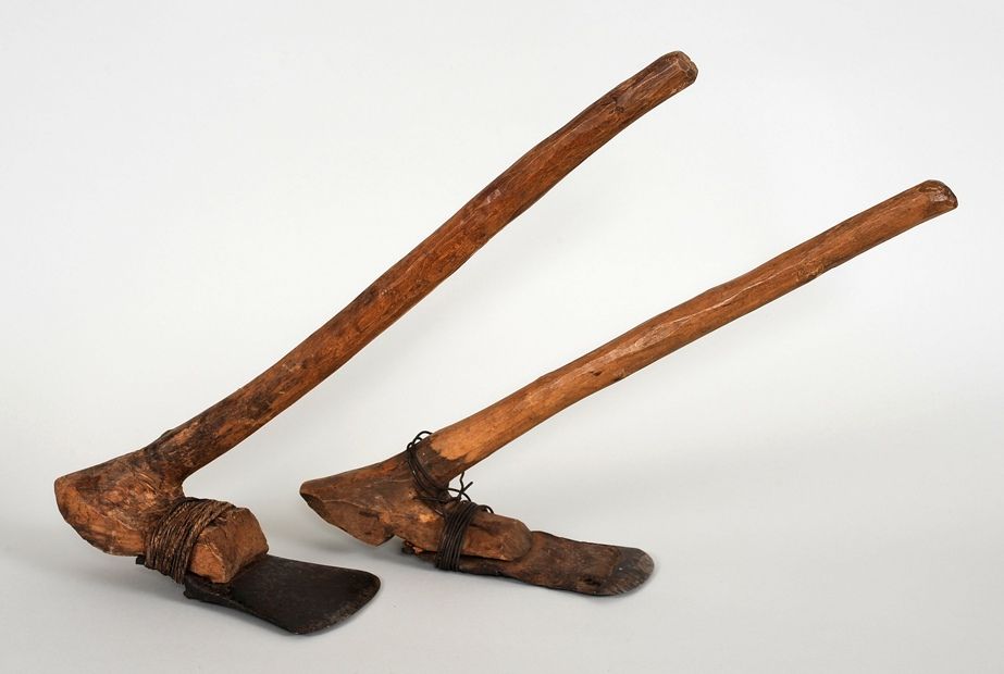 Two Coast Salish Canoe Elbow Adze with Iron Blade and Wood Handle 18 3/ ...