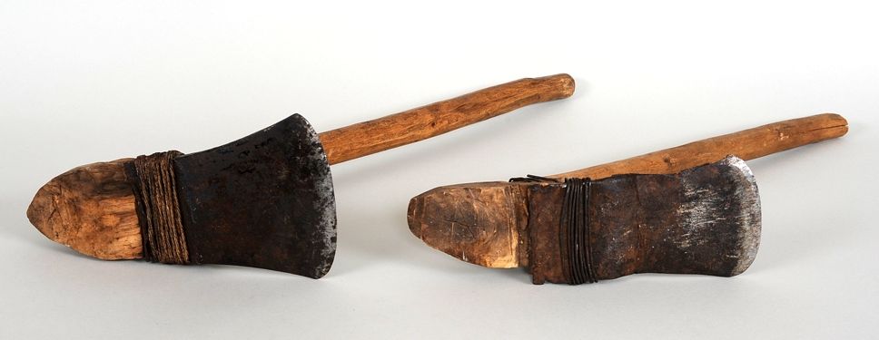 Two Coast Salish Canoe Elbow Adze with Iron Blade and Wood Handle 18 3/ ...