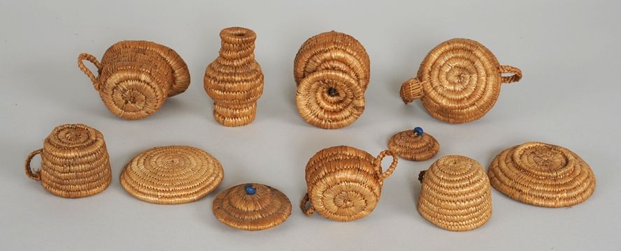 Inuit Basketry Tea Set with Teapot, Two Tea Cups and Saucers, Cream and ...