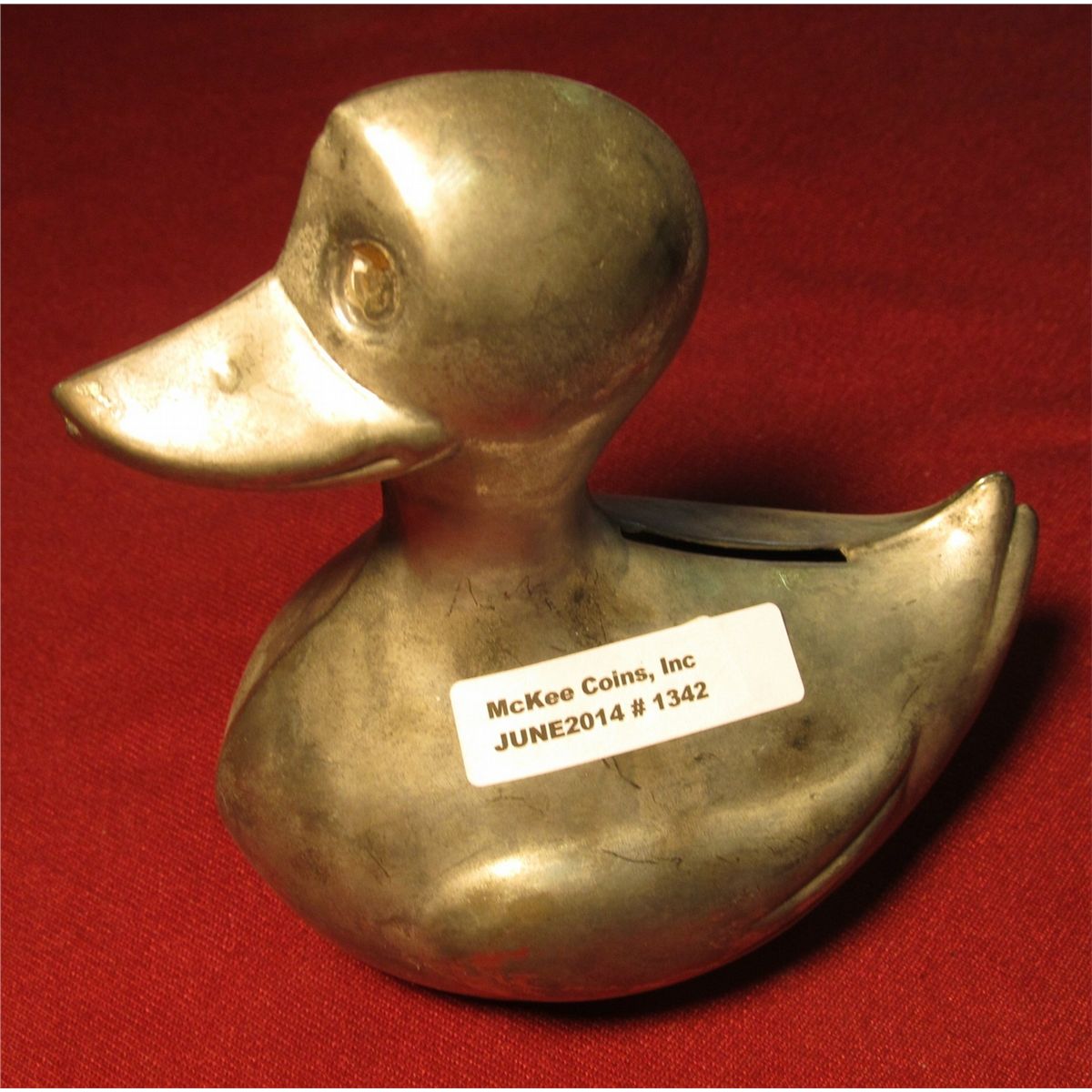 1342. Silver Plated Leonard Duck Bank. No lock. Hong Kong.
