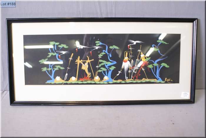 Four framed artworks including Oriental embroidered silk screen, two ...