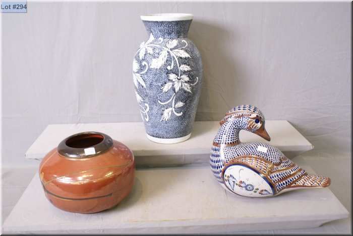 Three pottery collectibles including large vase, Tony Bloom signed bowl ...