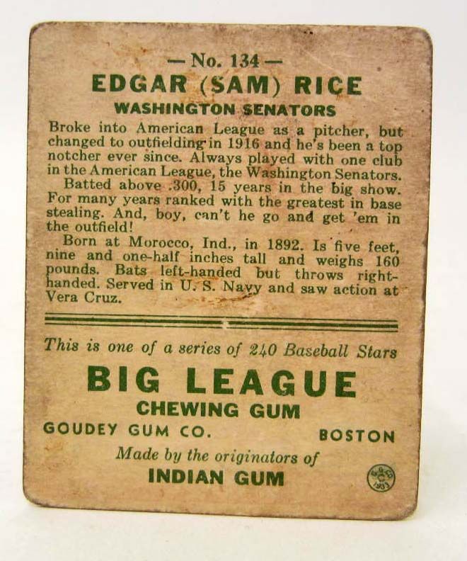 1933 GOUDEY BIG LEAGUE GUM BASEBALL CARD - SAM RICE
