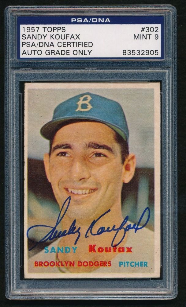 Sandy Koufax Signed Dodgers 1957 Topps #302 (PSA 9)