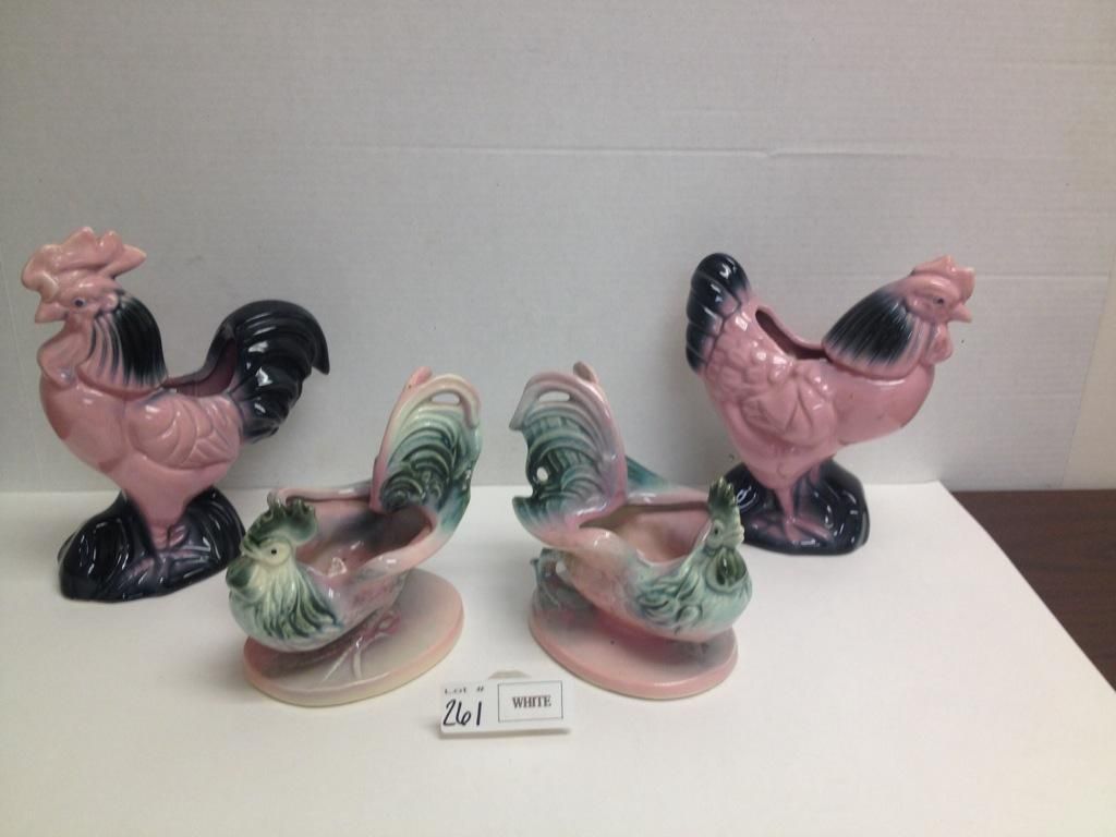 (2) Pink Hull Rooster Planters, (1) Pink Hull Hen Wall Planter & (1 ...