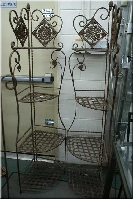 Pair of matching folding wrought iron corner display units
