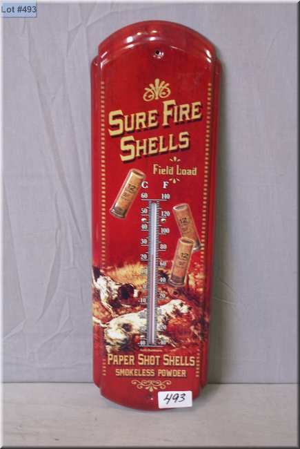 Reproduction "Sure Fire Paper Shot Shells" Advertising Tin Wall Thermometer