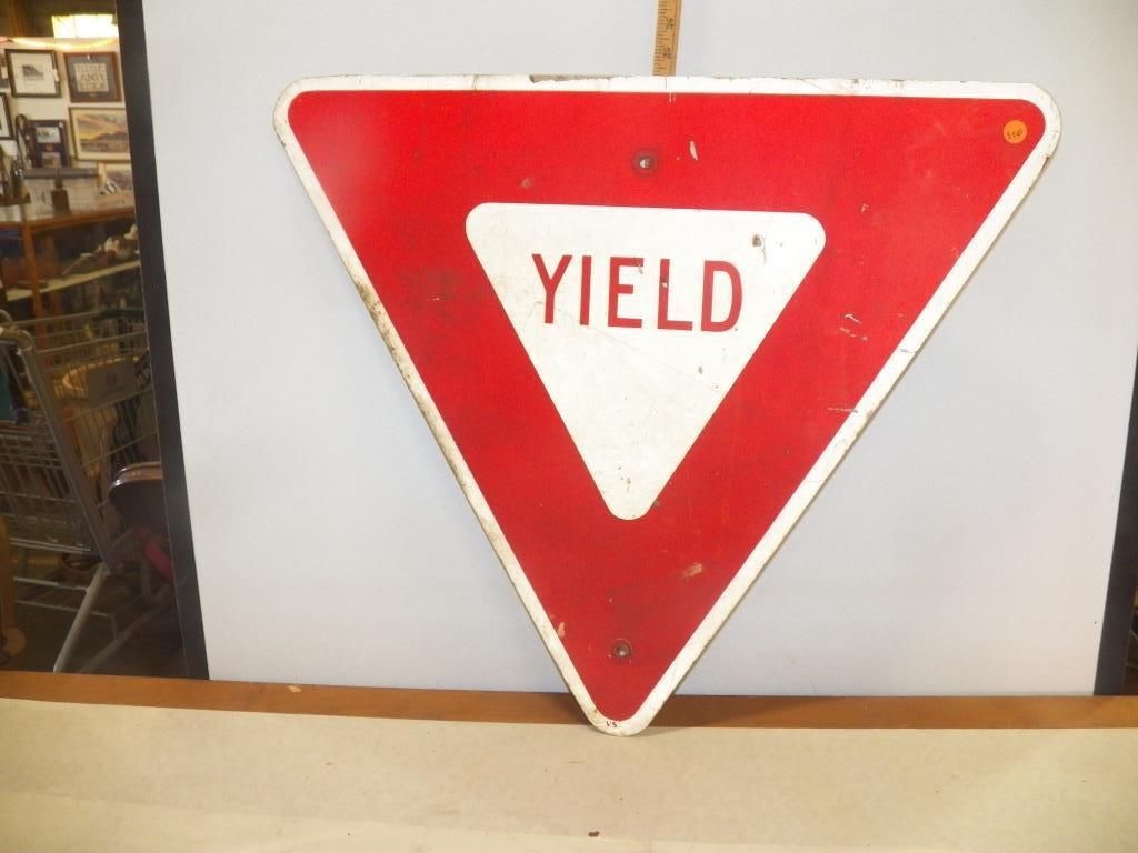 Vintage Yield Road Sign Aluminum Tringle Yield Sign Approx size 28" x 24"