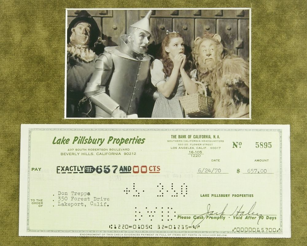 Jack Haley Signed Personal Bank Check Affixed to 8x10 "Wizard Of Oz ...