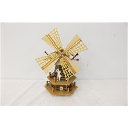 Hand Crafted Wood Wind Up Musical Windmill (15" high with wheel fan at top)