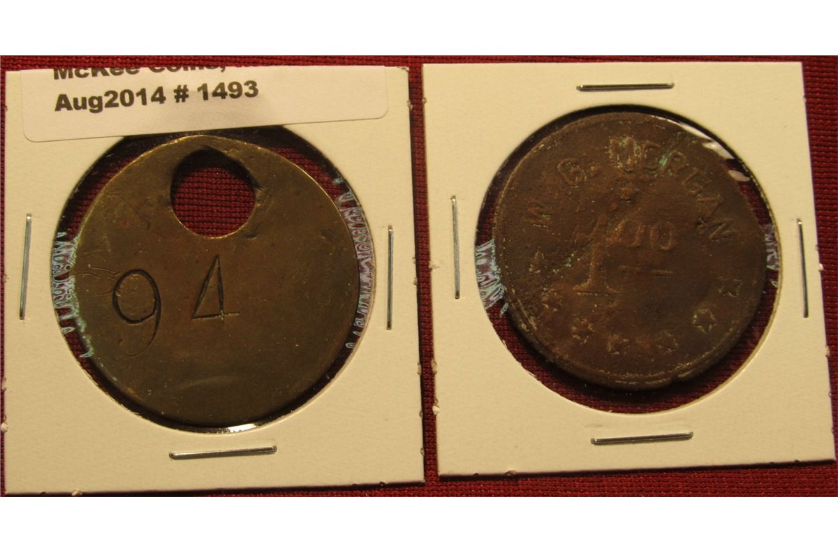 1493. 2 Coal tokens – crude brass coal car ticket (to track a worker’s ...