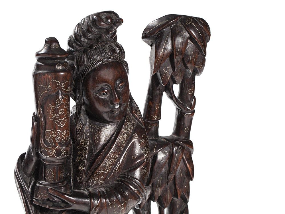 Carved Wood Sculpture with Silver Wire Inlay, China, after 1920