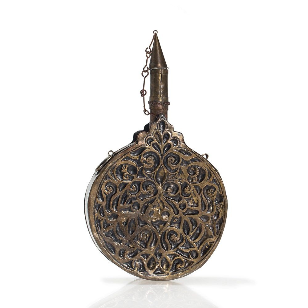 Round Powder Flask of Brass, Ottoman Empire, 19th Century