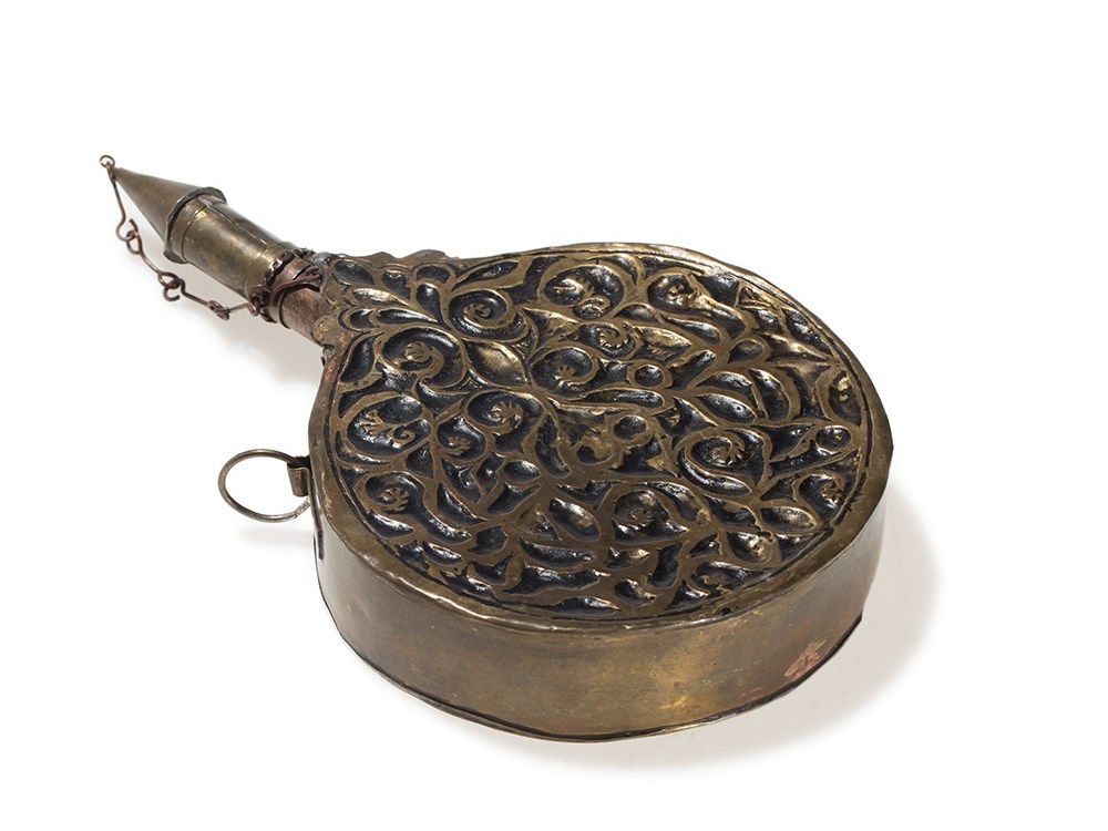 Round Powder Flask of Brass, Ottoman Empire, 19th Century