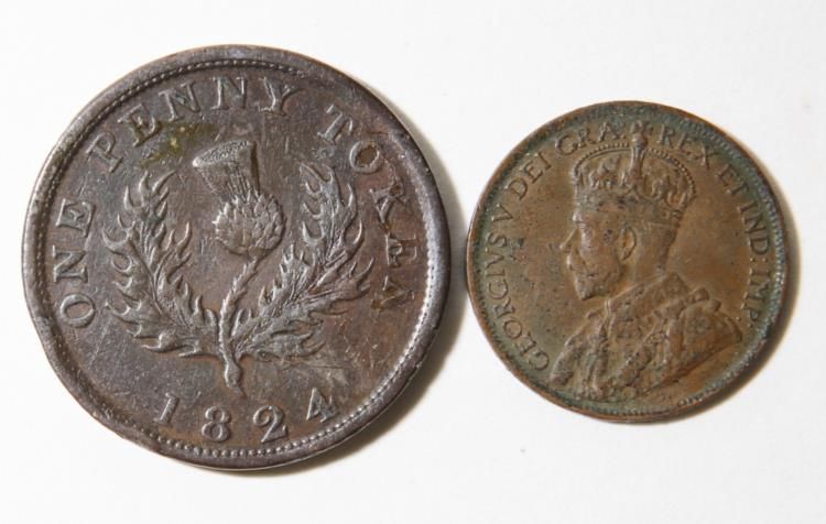 2 Canadian Coins 1824 Nova Scotia Token & 1920 Penny