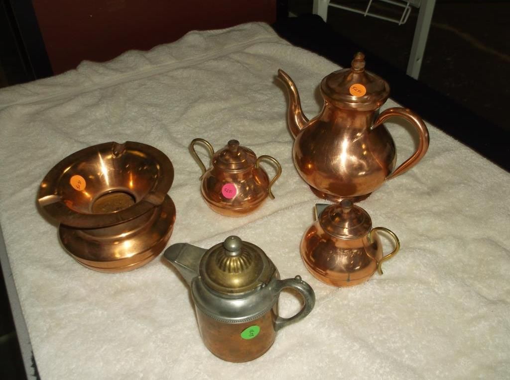 Lot of Copper Tea Set copper tea pot approx 9" tall, creamer & sugar ...