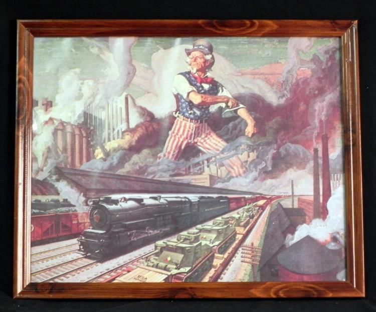 Framed Orig Print WWII Uncle Sam Standing Over Railroad