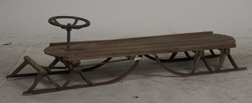 Early Wood & Steel Toboggan Sled w/Steering Wheel.