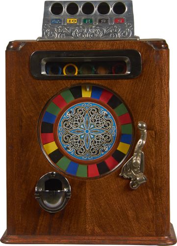 English Counter Wheel Slot Machine In Wood Cabinet.