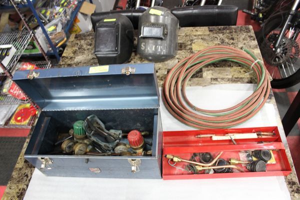 WELDING TOOL BOX W CONTENTS/HOSE AND 2 HELMETS