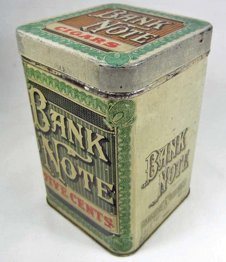 VINTAGE BANK NOTE CIGARS TOBACCO ADVERTISING TIN