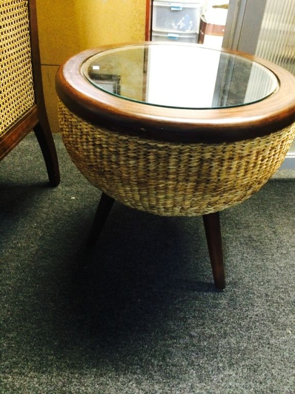 Small Round Wicker Display Table With Glass Top