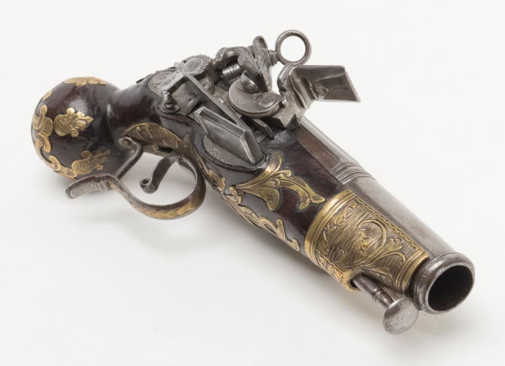 Miquelet flintlock ball butt pocket size pistol with ornate pierced ...