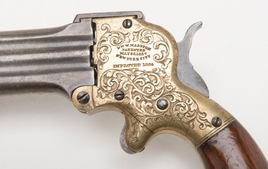 Engraved Wm. W. Marston Three-Barrel derringer , .32RF cal., 3” barrel ...