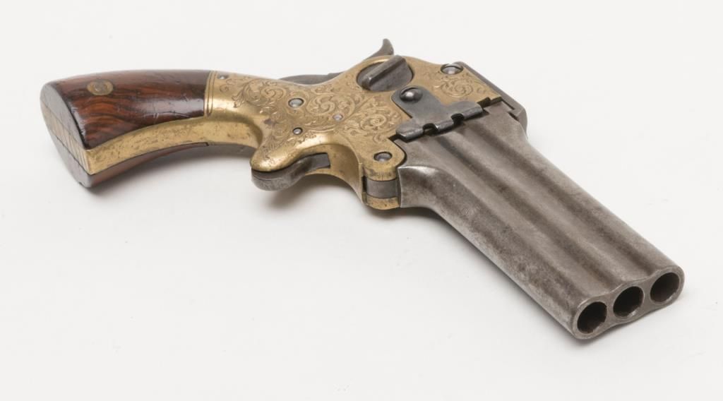 Engraved Wm. W. Marston Three-Barrel derringer , .32RF cal., 3” barrel ...