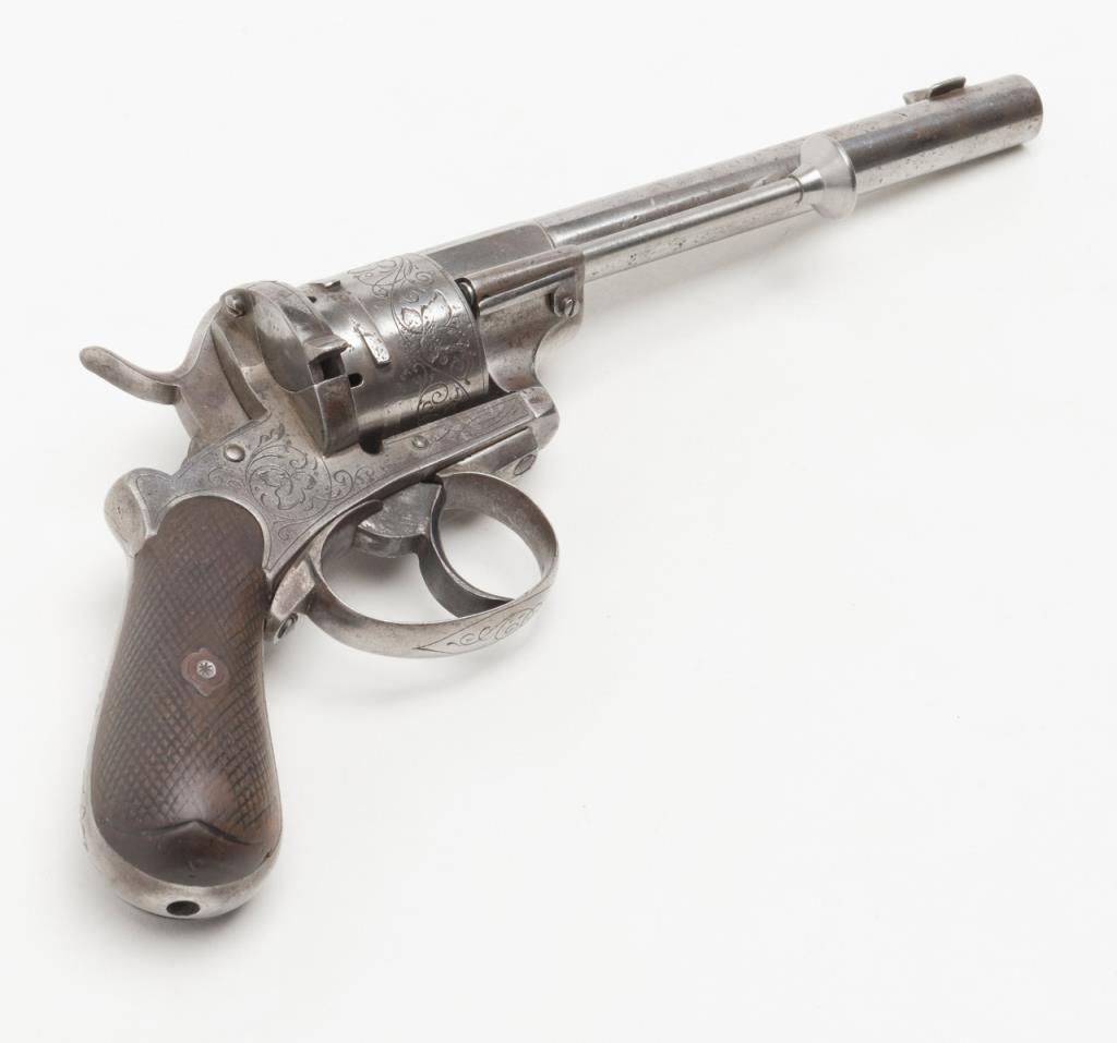 Belgian DA pinfire revolver, 9mm cal., 6” barrel, cleaned metal ...