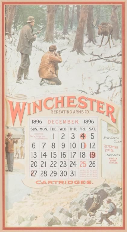 Lot of 4 framed original Winchester advertising calendars for the years ...