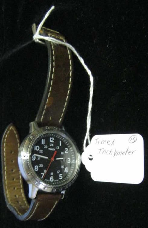 Timex Tachymeter Watch Timex Tachymeter Watch Silver Tone With Brown Band