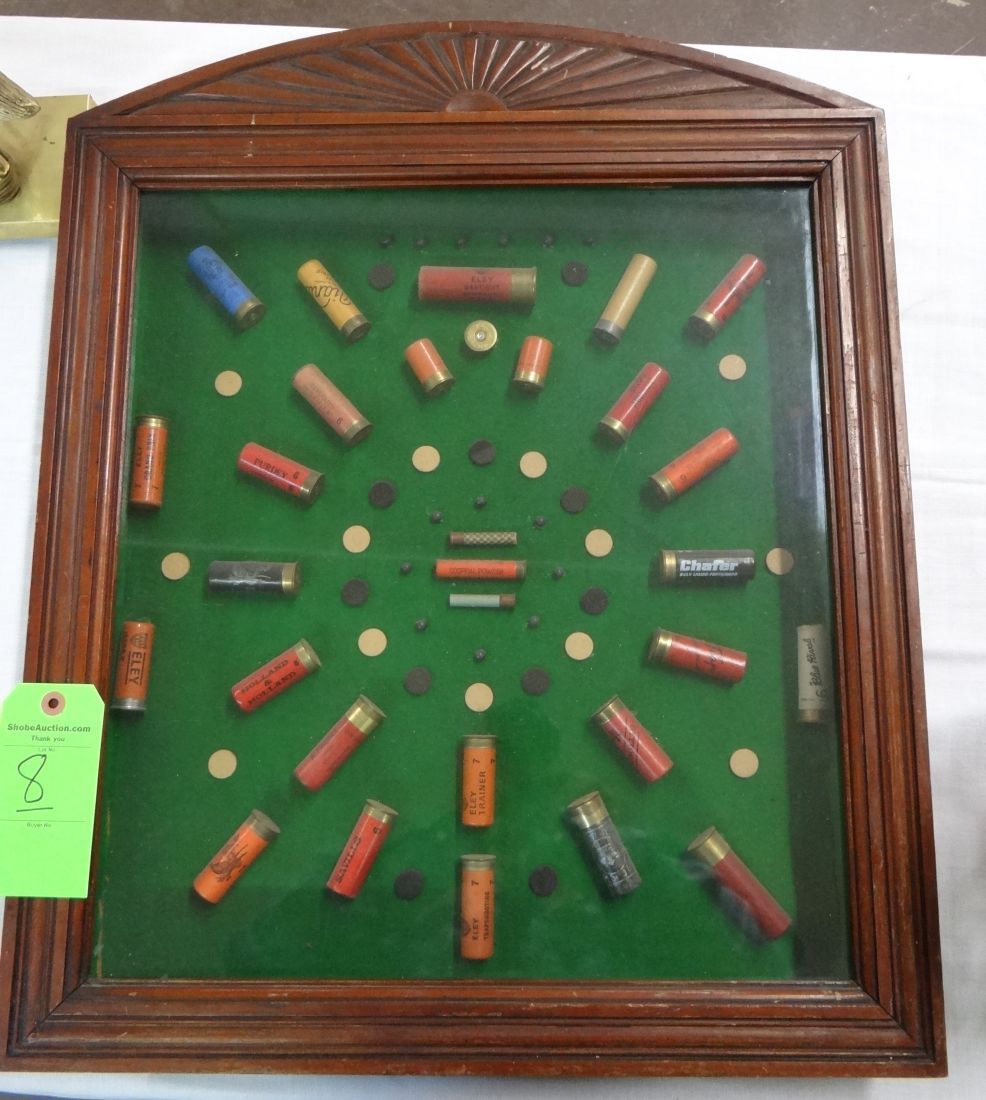 Vintage shotgun shell display, framed, 30 pcs.