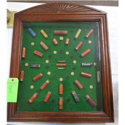 Vintage shotgun shell display, framed, 30 pcs.