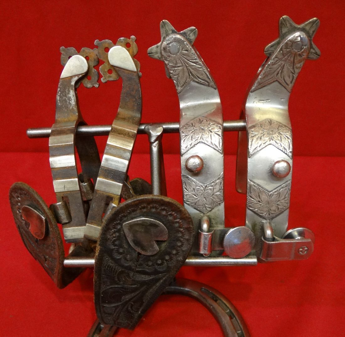 2 pr. Spurs; blacksmith-made spurs, silver, kids/ladies; Silver mtd ...