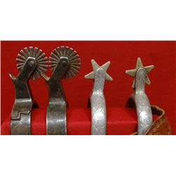 2 pr. spurs; Marked "CW" "L6" iron spurs, drop shank; Engraved aluminum ...